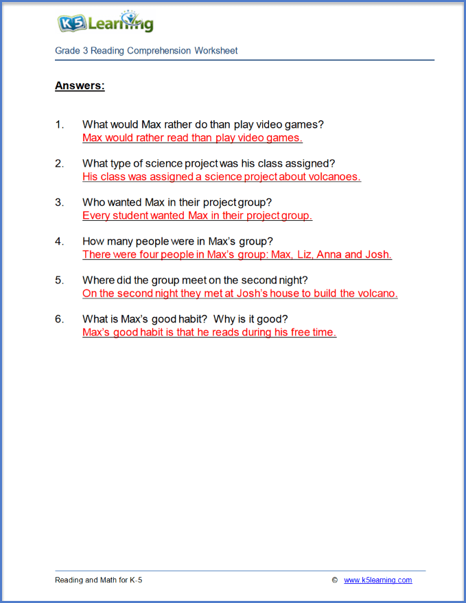 K5 Reading Comprehension Worksheets